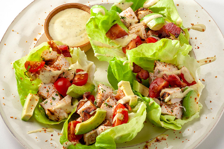 Chicken, Bacon and Tomato Lettuce Wraps with Avocado Ranch
